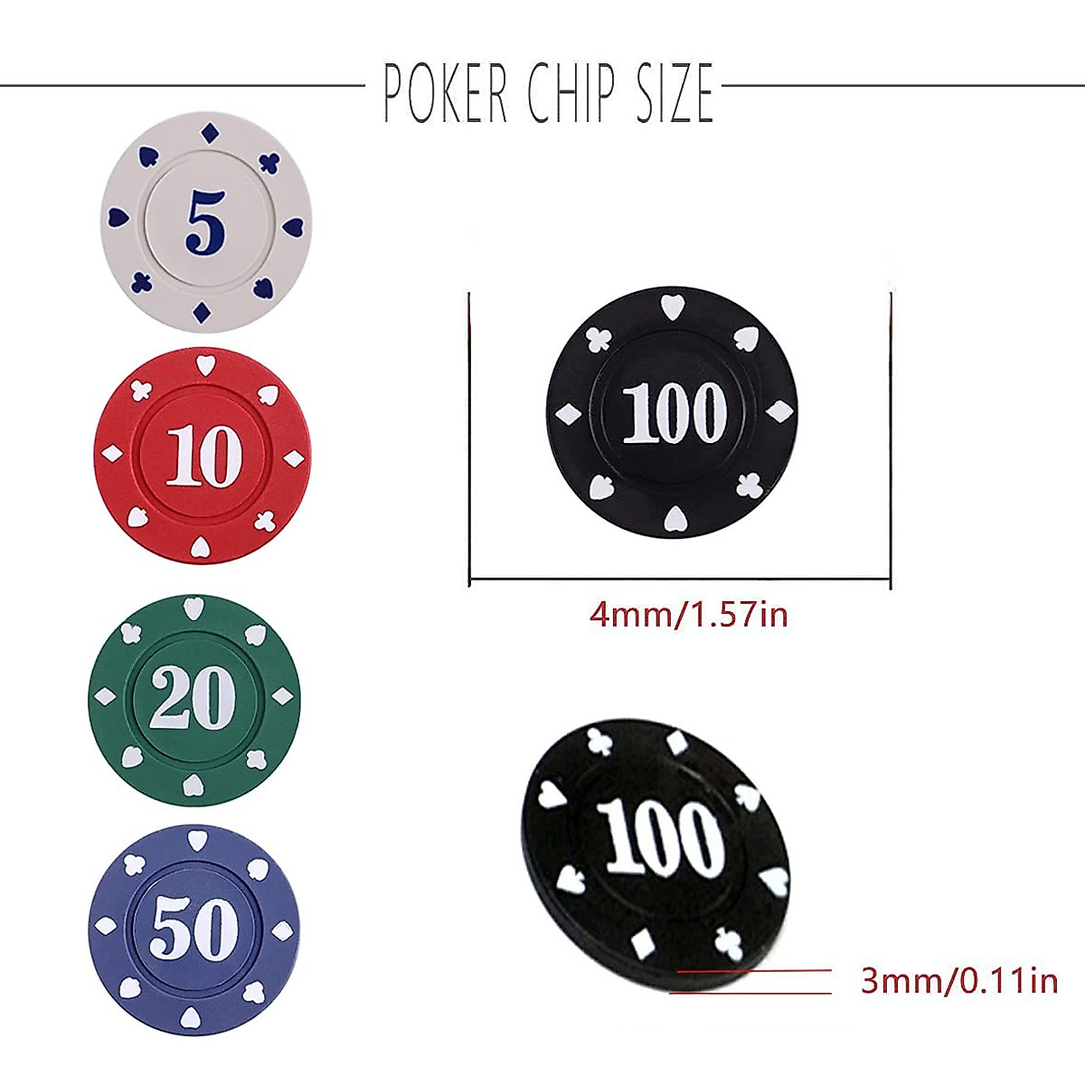 IXIGER Poker Chips,Denomination Poker Chips Set with Black Velvet Pouch Bag,Plastic Learning Counters Disks and Learning Math Counting Chips,Game Night Party Supplies(100pcs)