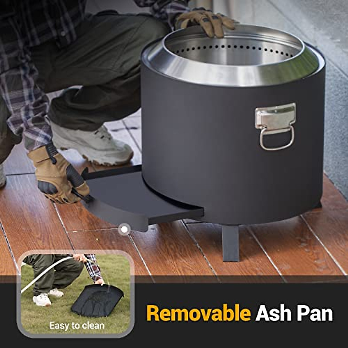 Rock&Rocker 19“ Smokeless Fire Pit, Firepits for Outside Wood Burning, 304 Stainless Steel, Outdoor Bonfire, with Removable Ash Pan & Waterproof Cover Bag, for Camping, Backyard, BBQ