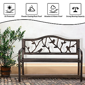 PHI VILLA 50" Patio Garden Bird Bench Steel Frame Park Yard Outdoor Furniture Cast Iron Porch Chair, Bronze