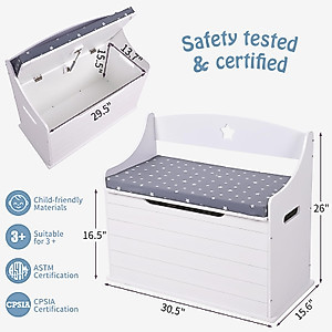Wooden Toy Box with Seating Bench White Kids Toy Chest with Safety Hinged Lid Large Storage Cabinet with Cushion Seat Bench Toy Storage Organizer Gift for Girls and Boys