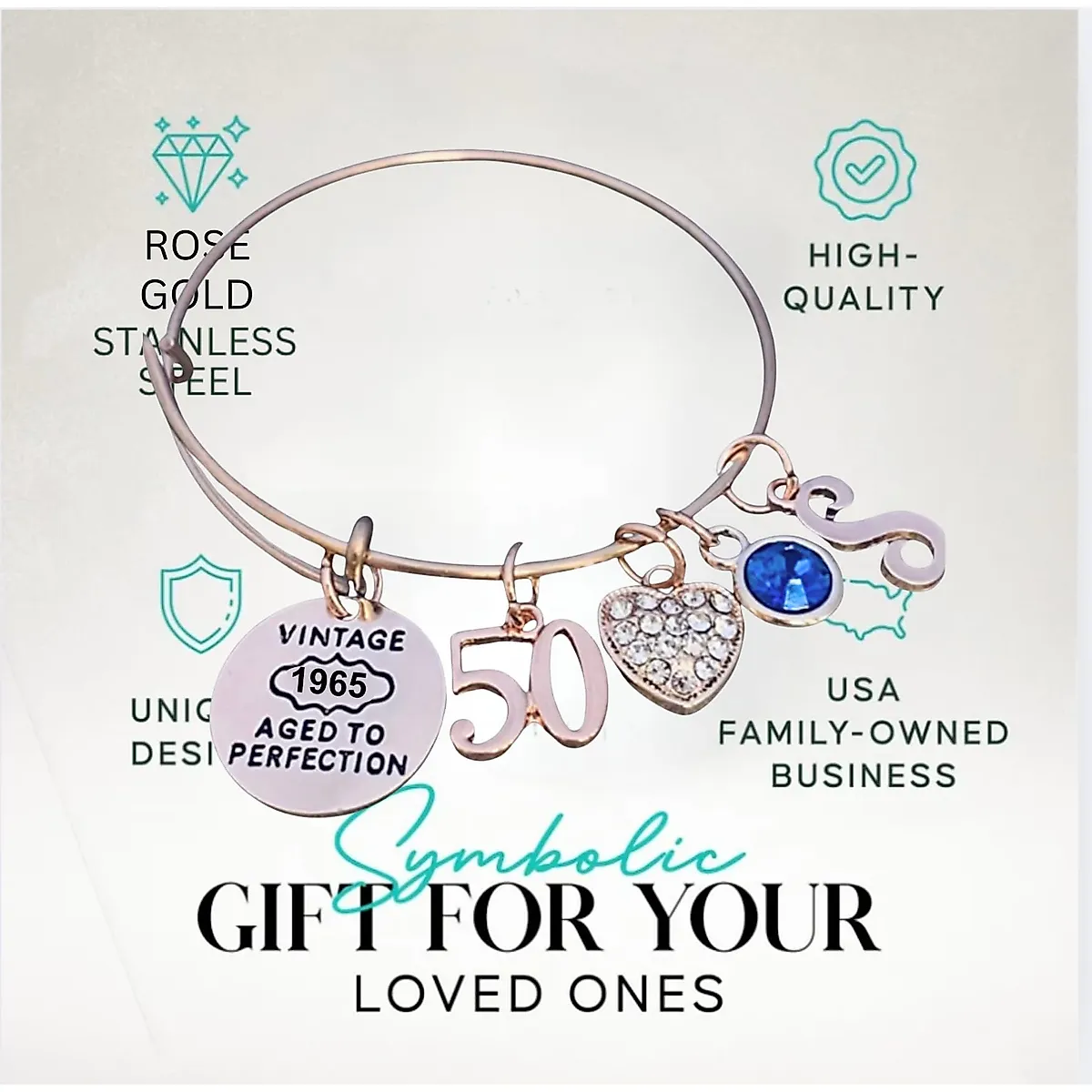 Personalized 60th Birthday Birthstone Charm Bracelet – Vintage 1965 Aged to Perfection Rose Gold Bangle – Elegant Gift for Women