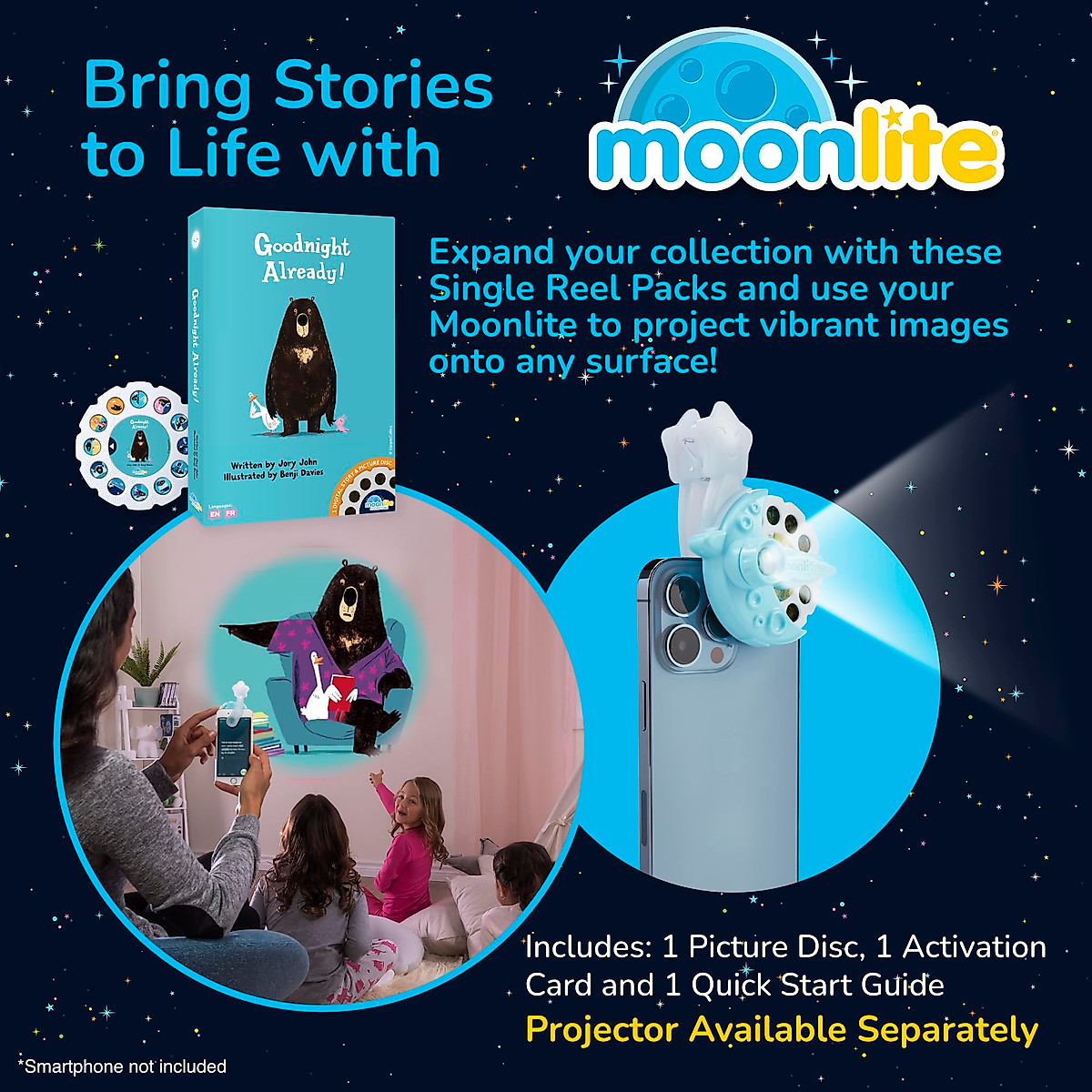 Moonlite Storytime Goodnight Already Storybook Reel, A Magical Way to Read Together, Digital Story for Projector, Fun Sound Effects, Toddler Early Learning Toys Gifts for Kids Ages 12 Months and Up