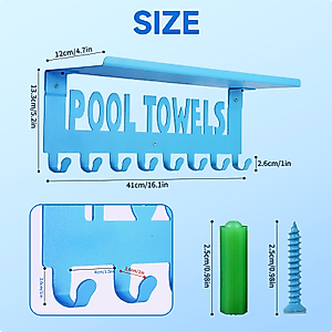 Kuhome Pool Towel Racks with Shelf Outdoor Pool Decor Wall Mount Towel Hooks Towel Holder with 8 Hooks Blue Towel Storage Hanger Organizer for Bathroom Pool Accessories
