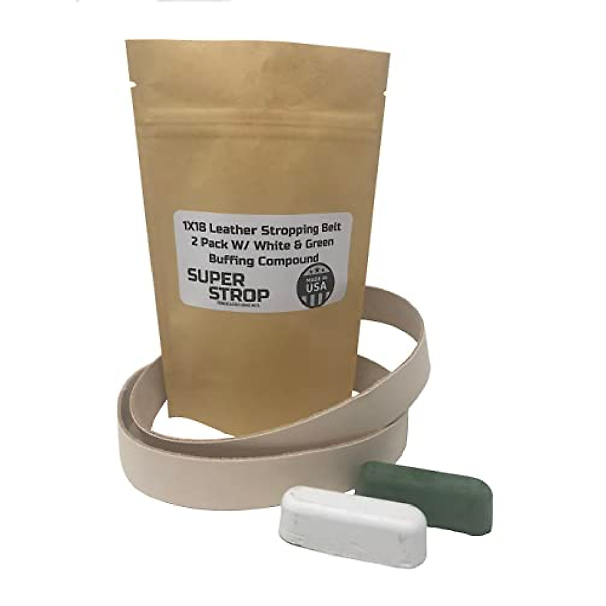 1X18 inch SUPER STROP 2 Pack Leather Honing Stropping Belt Fits Ken Onion Blade Grinding Attachment By Work Sharp with White and Green honing compound