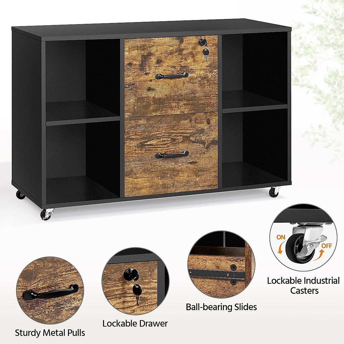 Yaheetech Mobile File Cabinet with 2 Drawer and 4 Open Compartments, Storage Lateral Filing Cabinet for Letter Size A4 Size, Printer Stand for Home Office, Black& Rustic Brown