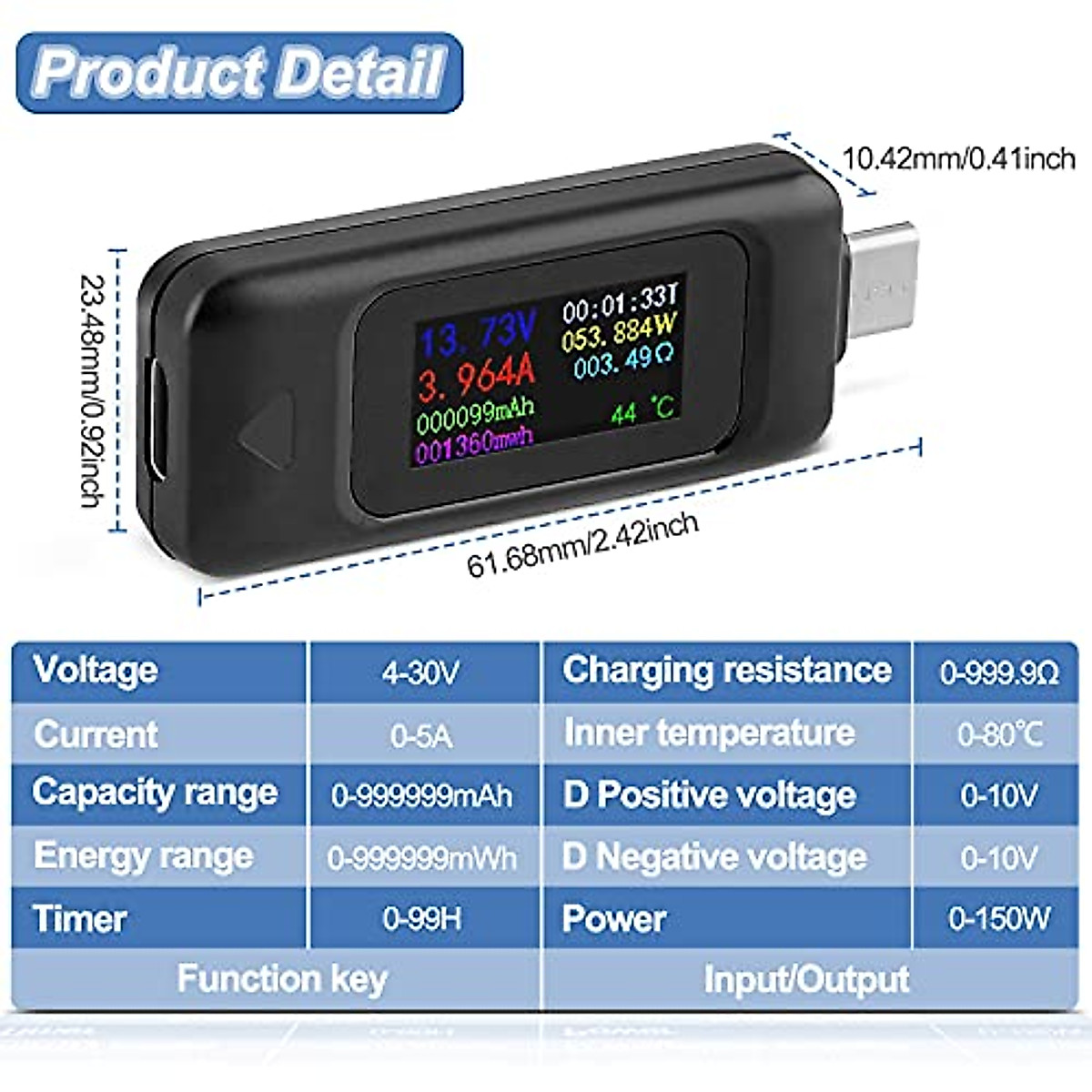 MakerHawk Type-C USB Meter Tester Power Meter USB Multimeter Voltage and Current Tester 0-5.1A 4-30V USB Power Tester Multi-function Tester Display Capacity Voltage Current Detector