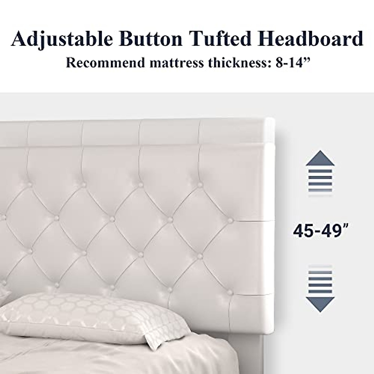 Allewie Full Bed Frame with Adjustable Diamond Stitched Button Tufted Headboard/Faux Leather Upholstered Platform Bed with Easy-Assembly Wood slats, White