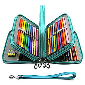 YOUSHARES 72 Slots Pencil Case - PU Leather Handy Multi-layer Large Zipper Pen Bag with Handle Strap for Colored / Watercolor Pencil (Turquoise)