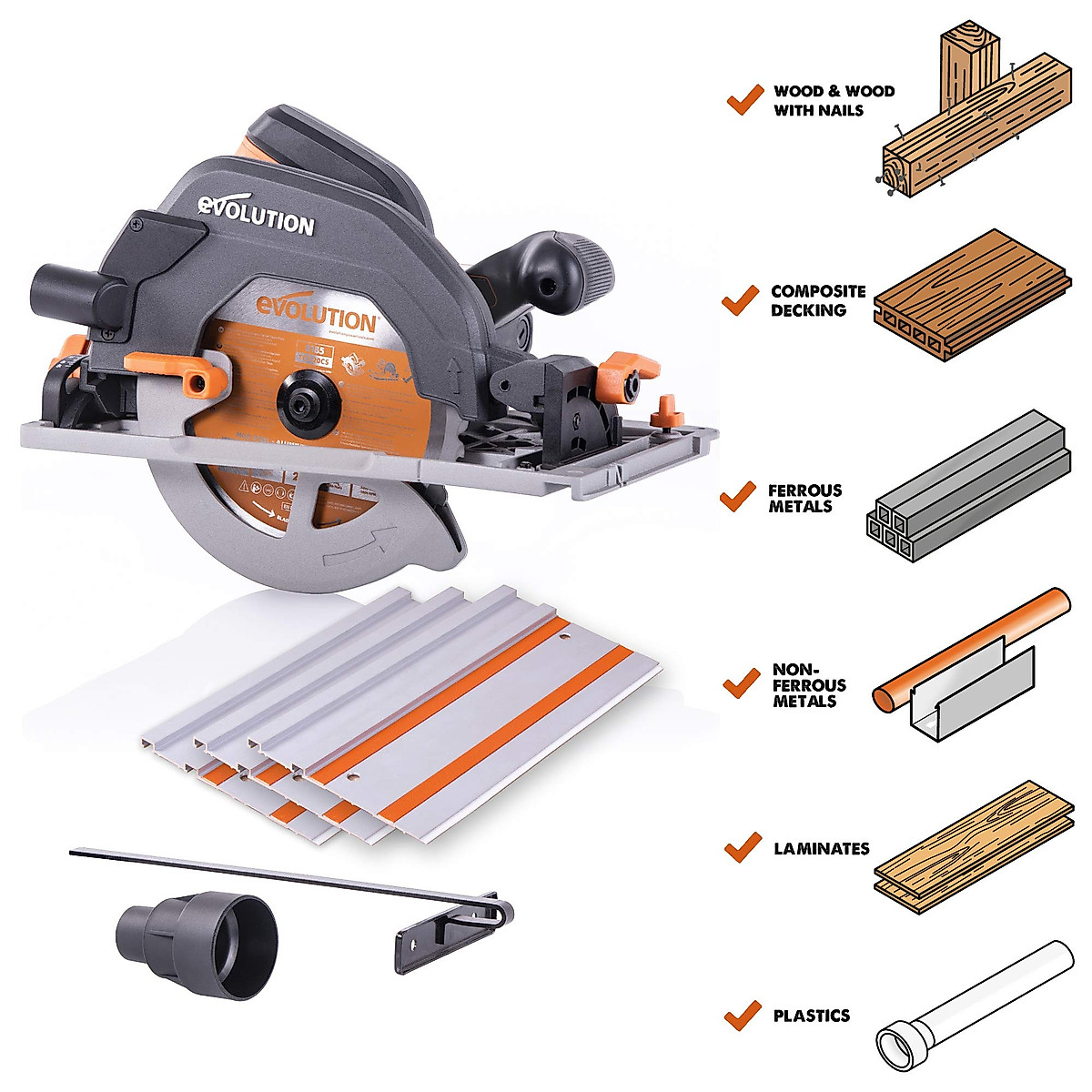 Evolution Power Tools R185CCSX Multi-Material Circular Track Saw Kit with 40" Track Included, TCT Blade Included, Cuts Wood, Plastic, Metal & More, 7-1/4 Inch