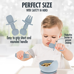 Blue Gray-10 Piece Silicone Baby Feeding Set-Baby Led Weaning Supplies-Baby Eating Supplies, Baby Plates/Toddler Plates, Bib, Sippy Cup, Baby Spoons First Stage 4 months, and Infant Silicone Fork