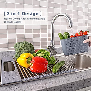 NiHome Roll Up Dish Drying Rack with Utensil Holder Over The Sink Dish Drying Rack Detachable Stainless Steel Dish Drainer,17.7" x14.7" Wide