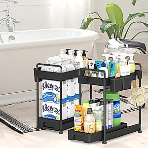 Panta Under Sink Organizer 2 Pack, 2-Tier Sliding Cabinet Organizers and Storage with Hooks, Large Capacity Pull-out Under Sink Shelf, Multi-Use Under Sink Storage for Bathroom and Kitchen