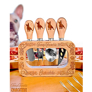 Frenchie The French Bulldog Cheese Board Deluxe Stainless Steel Utensils 12 Set, and Engraved Bamboo Display Stand, Cheese Knives, Forks, Spoons, Spreaders and Mini Forks, Fancy Frenchie Charcuterie