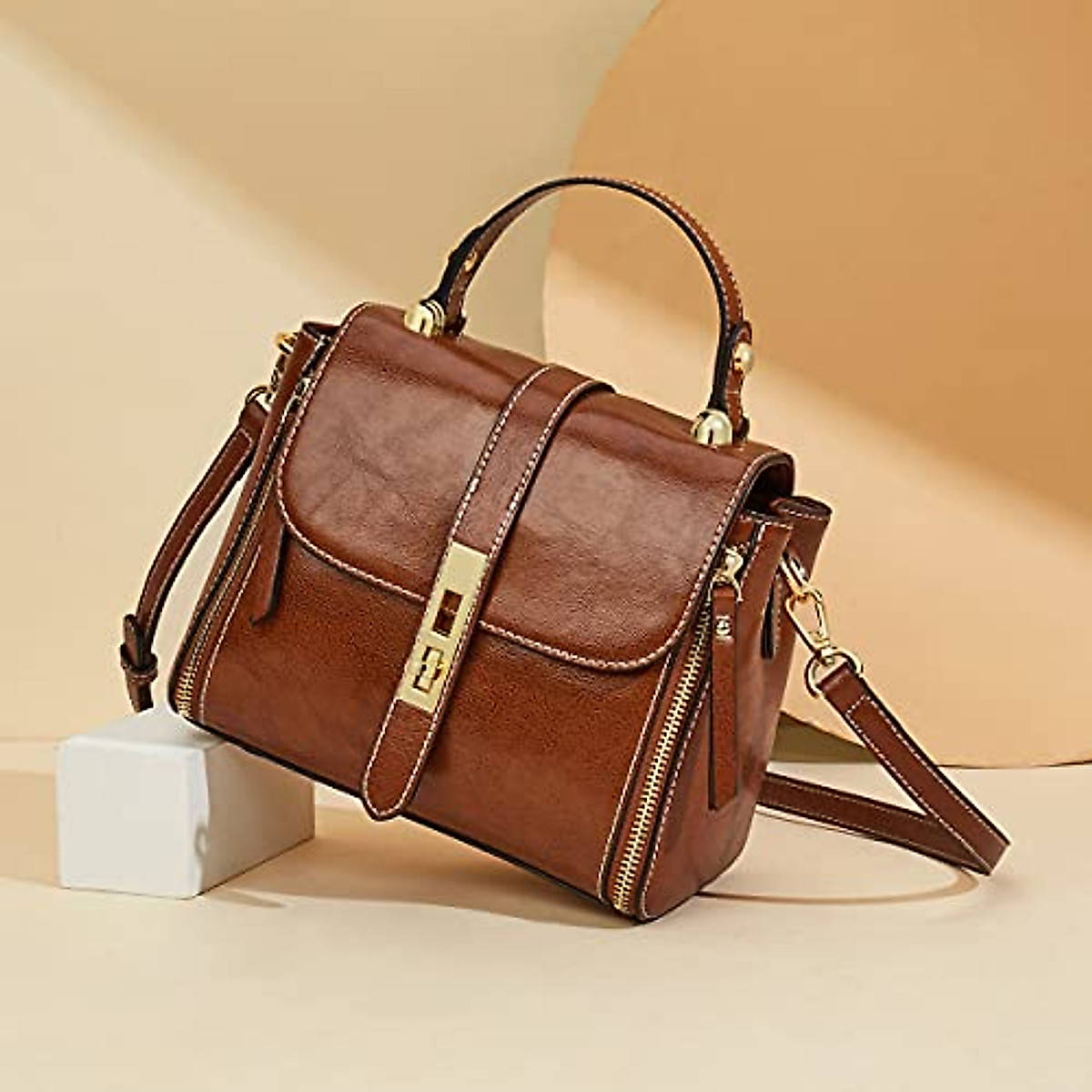 Cowhide Small Handbags for Women Satchel Shoulder Bags, Ladies Cow Purses with Handle Crossbody Bags for Women Mini Tote (Brown)