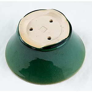 Fine Round Green Glazed Cactus & Succulent Planter, Shohin Bonsai Pot + Mesh - 5.25"x 5.25"x 2.5"