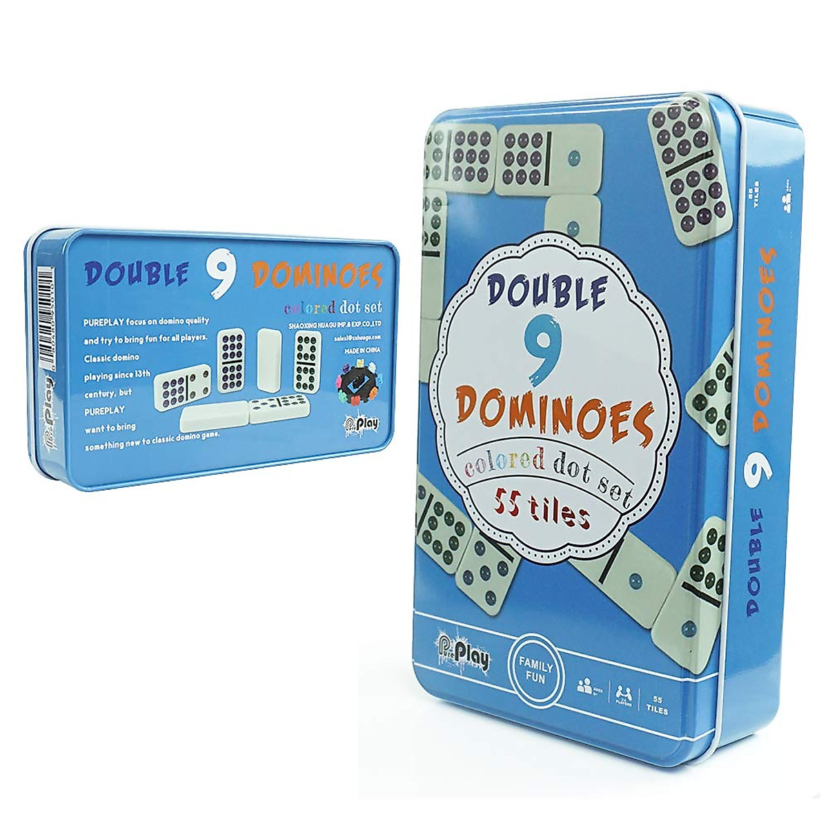 PUREPLAY Classic Double 9 Color Dot Dominoes Game Set,55 Pieces Dominoes Tiles with Tin Box,Double 9 Dominoes for Adults, Family Game Nights,Friends Gathering,Party Favors,Travel