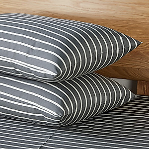 JELLYMONI 100% Natural Cotton 3pcs Striped Duvet Cover Sets, Dark Grey Duvet Cover with White Stripes Pattern Printed Comforter Cover, with Zipper Closure & Corner Ties(King Size)