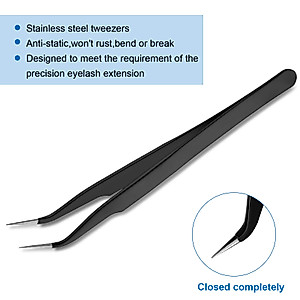 2 Pieces Straight and Curved Tip Tweezers Eyelash Extension Tweezers, Stainless Steel False Lash Application Tools (Black)
