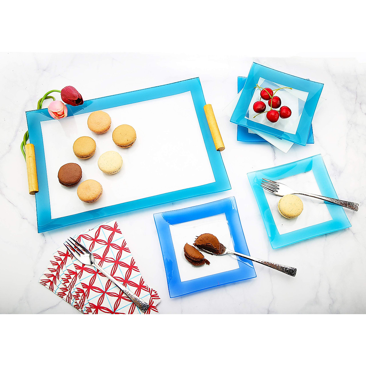 GAC Unique Design Blue Rectangular Tempered Glass Serving Tray with Wooden Handles – 10x14 Inch – Break Resistant – Dishwasher Safe - Attractive Colored Serving Platter