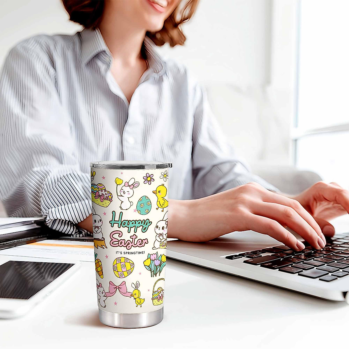 WIPI Happy Easter Coffee Cups, Easter Christian Gifts for Women Men Kids and Adults, Stainless Steel Spring Tumbler 20 Oz, Spring Coffee Mugs, Bunny Tumbler for Birthday and Holiday