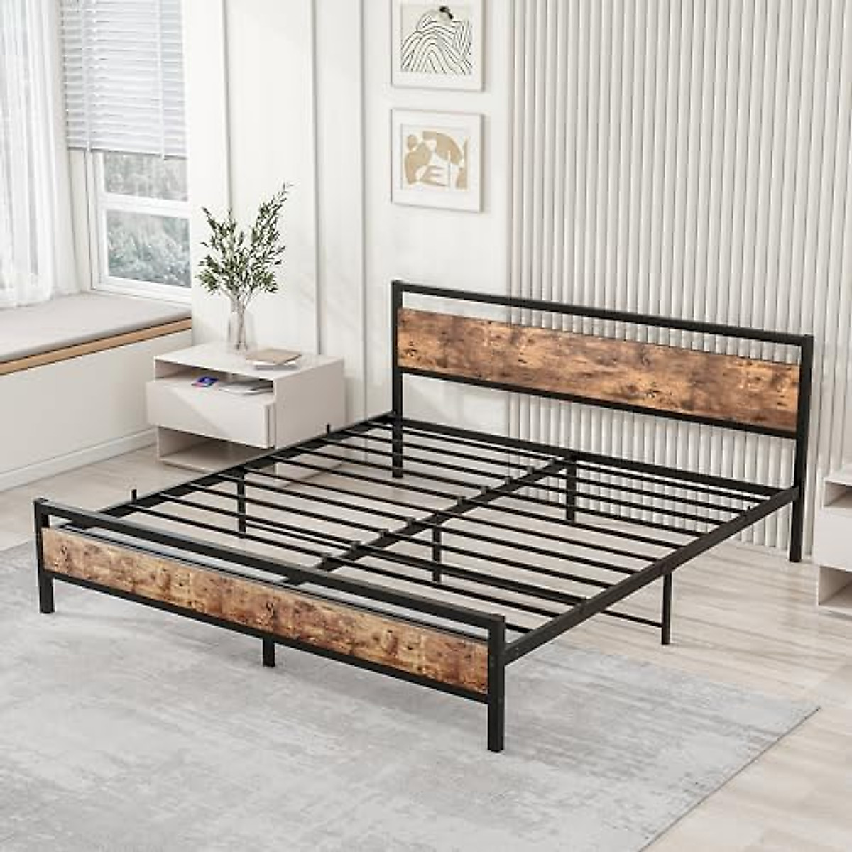 HOJINLINERO King Bed Frame with Headboard,Platform Bed Frame King No Box Spring Needed,Mattress Foundation,Sturdy Steel Slat Support,Easy Assembly,King Size Bed Frame,Black and Rustic Brown