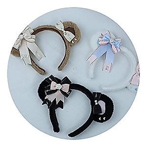 Faylay Women Furry Bear Ear Animal Ears Lovely Headband Bowknot Decor (BL)
