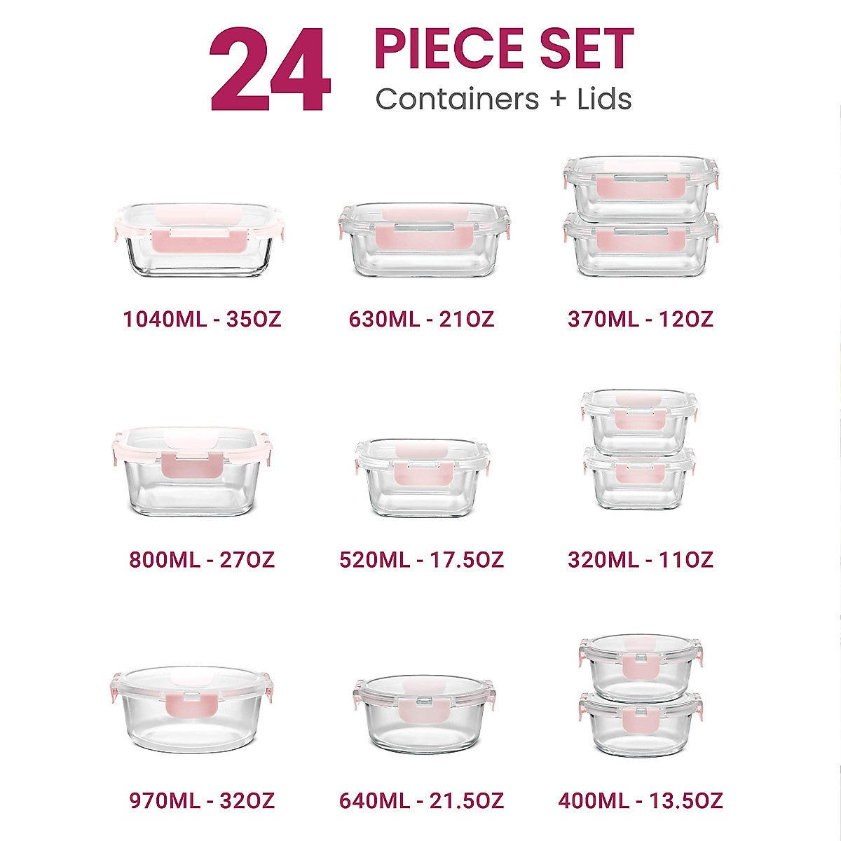 FineDine 24 Piece Glass Storage Containers with Lids - Leak Proof, Dishwasher Safe Glass Food Storage Containers for Meal Prep or Leftovers, Pink