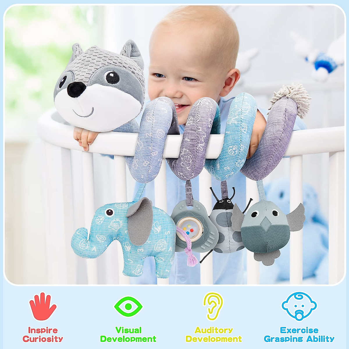 FPVERA Baby Spiral Plush Hanging Toys - Babies Spiral Activity Toy Spiral Hanging Rattle Sensory and Musical Plush Toys Car Seat Mobile Toy for Kids Infant Newborn 0-12 Months (Gray Fox)