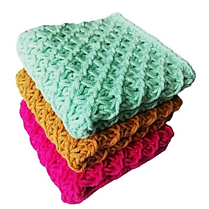 Set 3 Dishcloths Scowing Rag Towels Hand Knitted Cotton Coasters Drink Absorbent Hot Pads Mats Home Kitchen Square Reusable Cleaning Supplies Craft Tools Zero Waste Handmade