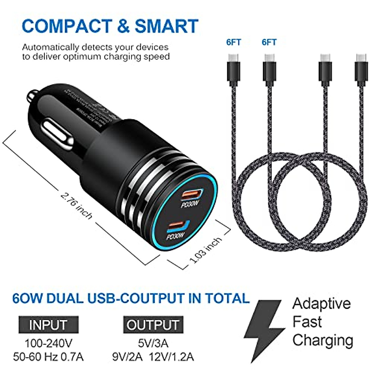 USB C Fast Car Charger for Samsung Galaxy S23/S23 Ultra/S23+/S22 Ultra/S22+/S21 FE S20 Z Flip 4 A53 A03S A13 A12 A32,Google Pixel 7 6 Pro 6a 5a 5 4 3a XL,60W 2-Port Type C Car Adapter+USB C to C Cable