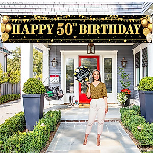 KatchOn, XtraLarge Happy 50th Birthday Yard Banner - 120x20 Inch | Black and Gold 50th Birthday Yard Sign for Men | Happy 50th Birthday Banner for 50th Birthday Decorations | 50 Birthday Decorations
