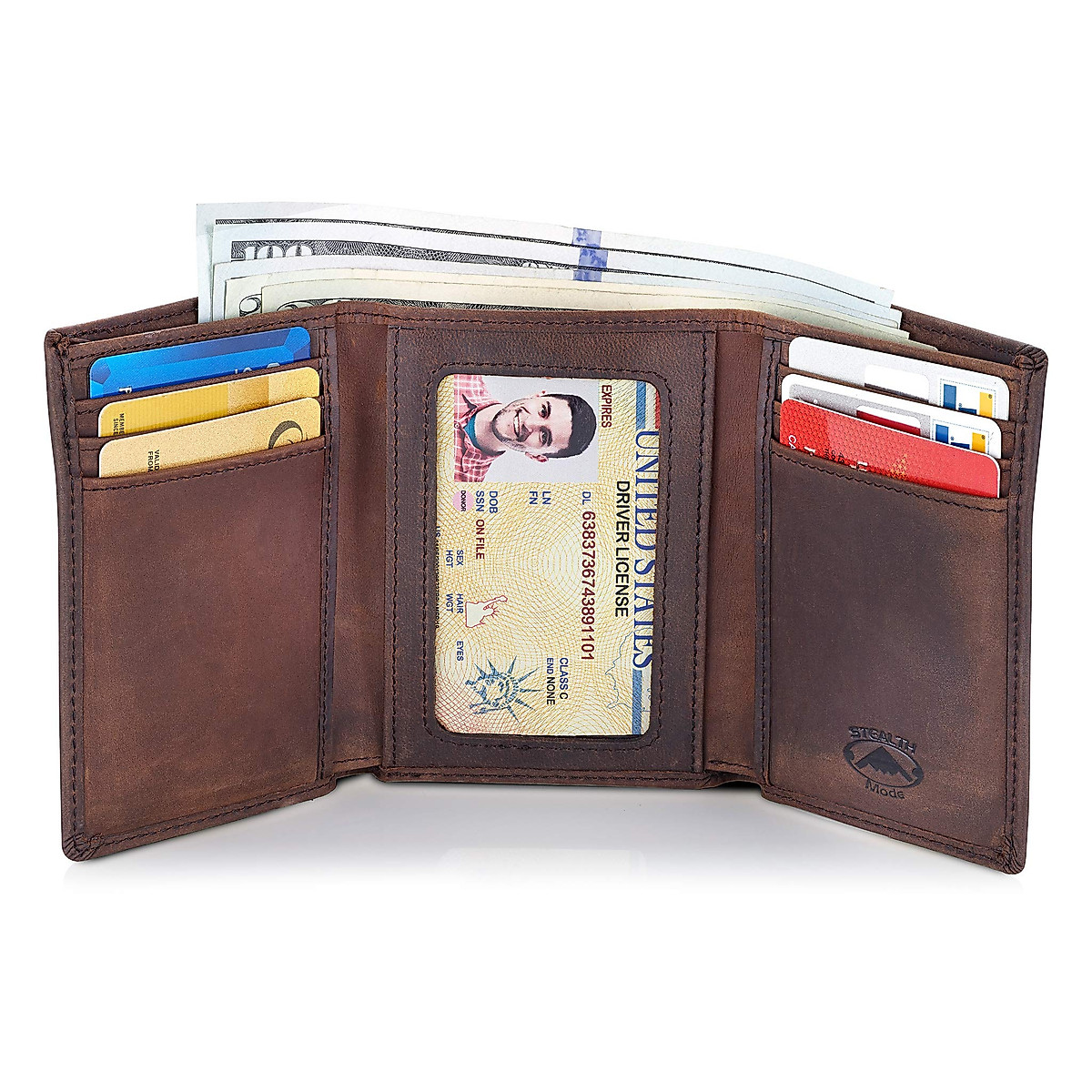 Stealth Mode Trifold Leather Wallet for Men with RFID Blocking (Brown)