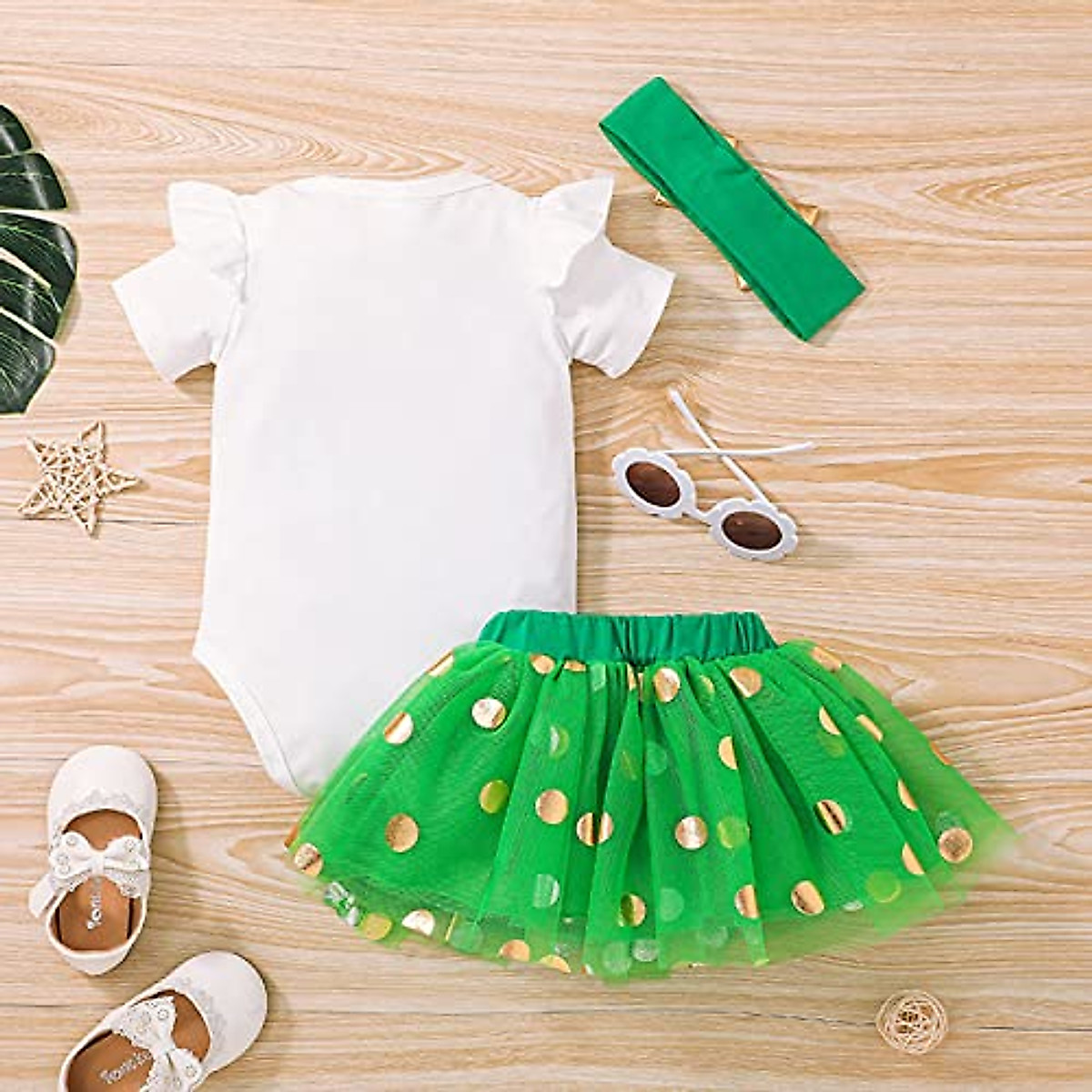 St.Patrick 's Day Newborn Baby Girl Short Sleeve Round Neck Romper Tops+Dots Tutu Tulle Skirt+Headband 3pcs Clothes Set (Green, 0-3 Months)
