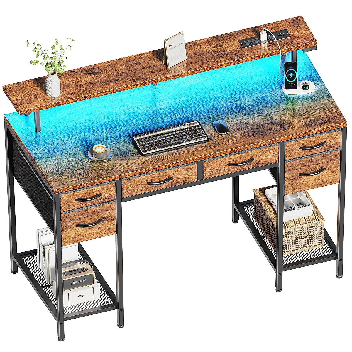 Huuger Computer Desk with Power Outlets and LED Lights, 47 Inch Gaming Desk with 6 Drawers, Office Desk with Monitor Stand, Writing Desk Work Desk, Mesh Shelves, Rustic Brown