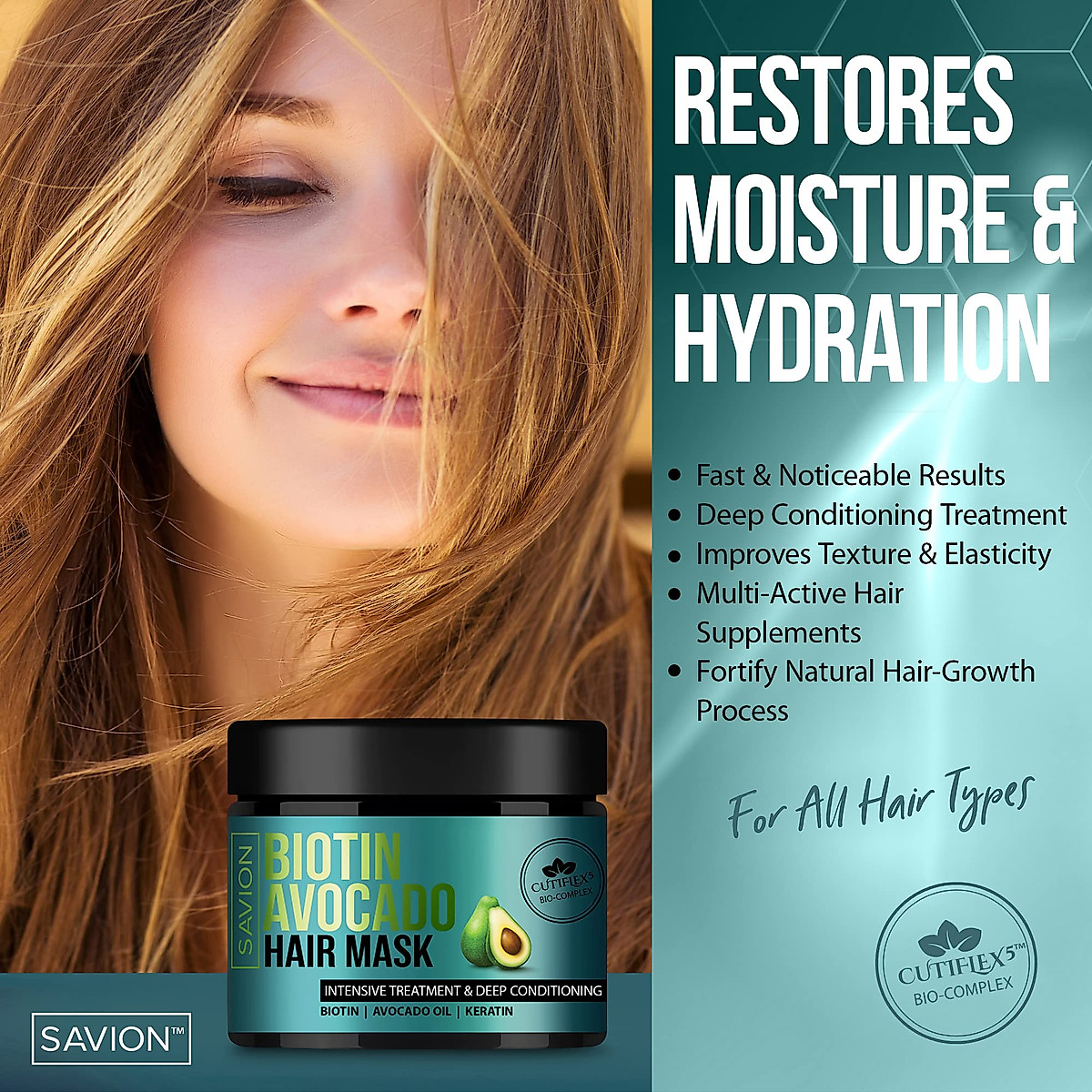 SAVION Avocado Oil & Biotin Hair Mask - Intensive Treatment & Deep Conditioning for Dry Damaged Hair - CUTIFLEX5 with Natural Keratin, Collagen, Shea Butter, Argan Oil, Jojoba Oil, and Almond Oil