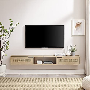 Walker Edison Modern Rattan Flip-Down-Door Wall-Mounted Floating Stand for TVs up to 80 Inches, 70 Inch, Coastal Oak