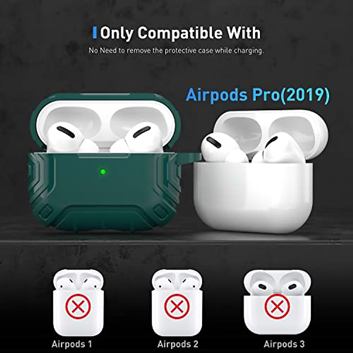 Valkit Compatible Airpods Pro Case Cover for Men, Hard Shell Rugged Shockproof Case Cool Armor Air Pod Pro Case Protective Cover Women with Keychain iPod Pro Skin for Airpod Pro 2019, Green