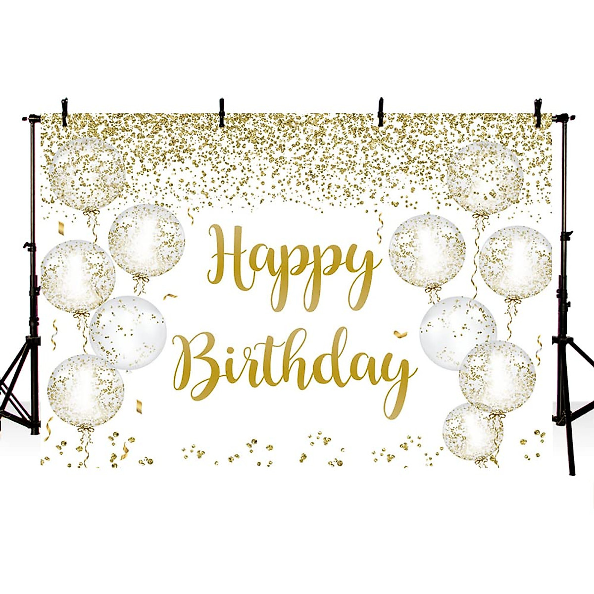 MEHOFOND 10x7ft White Gold Balloons Birthday Party Backdrop Confetti Balloons Gold Glitter Spots Girl Princess Bday Background Decoration Supplies Photo Booth Props