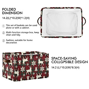 Christmas Bells Reindeer Storage Basket Fabric Laundry Baskets Winter Snowflake Xmas Red Green Buffalo Plaid Storage Boxes Organizer Bag for Cloth Toy Book Storage Cubes Shelf Closet Bins 16×12×8