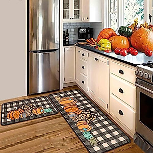 Fall Kitchen Rugs and Mats Set of 2, Thanksgiving Kitchen Rug Non Slip Backing Fall Decorations for Home Seasonal Farmhouse Fall Holiday Autumn Harvest Low-Profile Kitchen Floor Mat 17"X47"+17"X30"