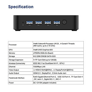 MINISFORUM GK41 Mini PC 8GB DDR4 256GB SSD Celeron J4125(up to 2.7GHz), Quad Core, HDMI&DP 4K@60Hz Outputs, 1x Gigabit Ethernet, 4X USB 3.0, Dual Band WiFi, Support PXE Boot