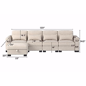 Sunrise Coast Modular Sofa Couch 130" Convertible L Shaped Sofas&Couches with Movable Ottoman Sectional, Beige