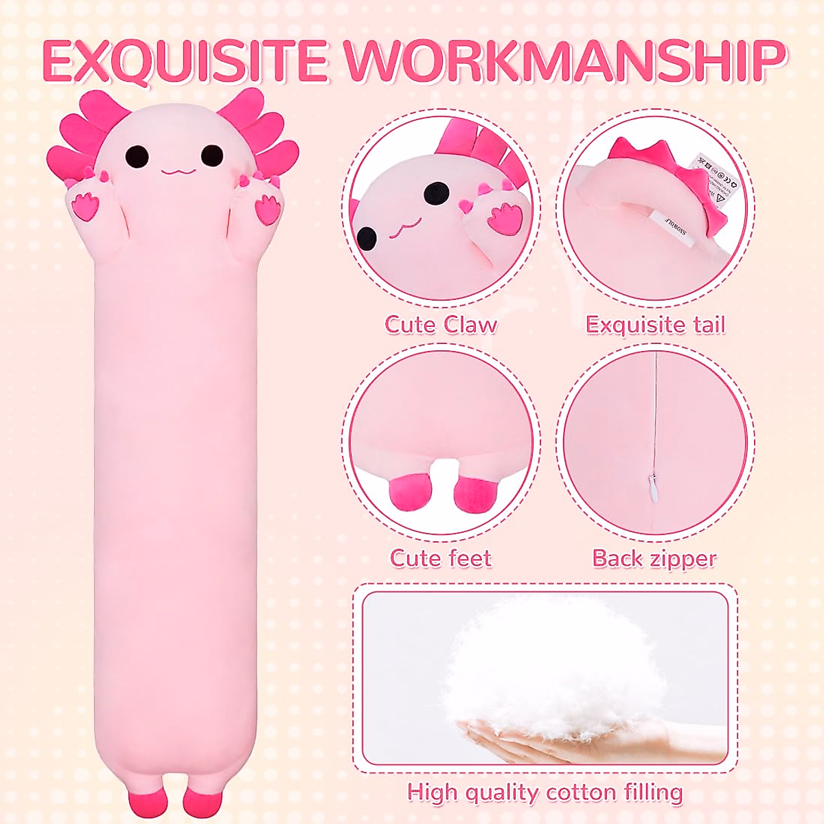 Chubbyjoy Axolotl Plush Toy, Cute Axolotl Stuffed Animal Soft Long Plushie Body Pillow for Girls and Boys Adults Gifts, 20", Pink