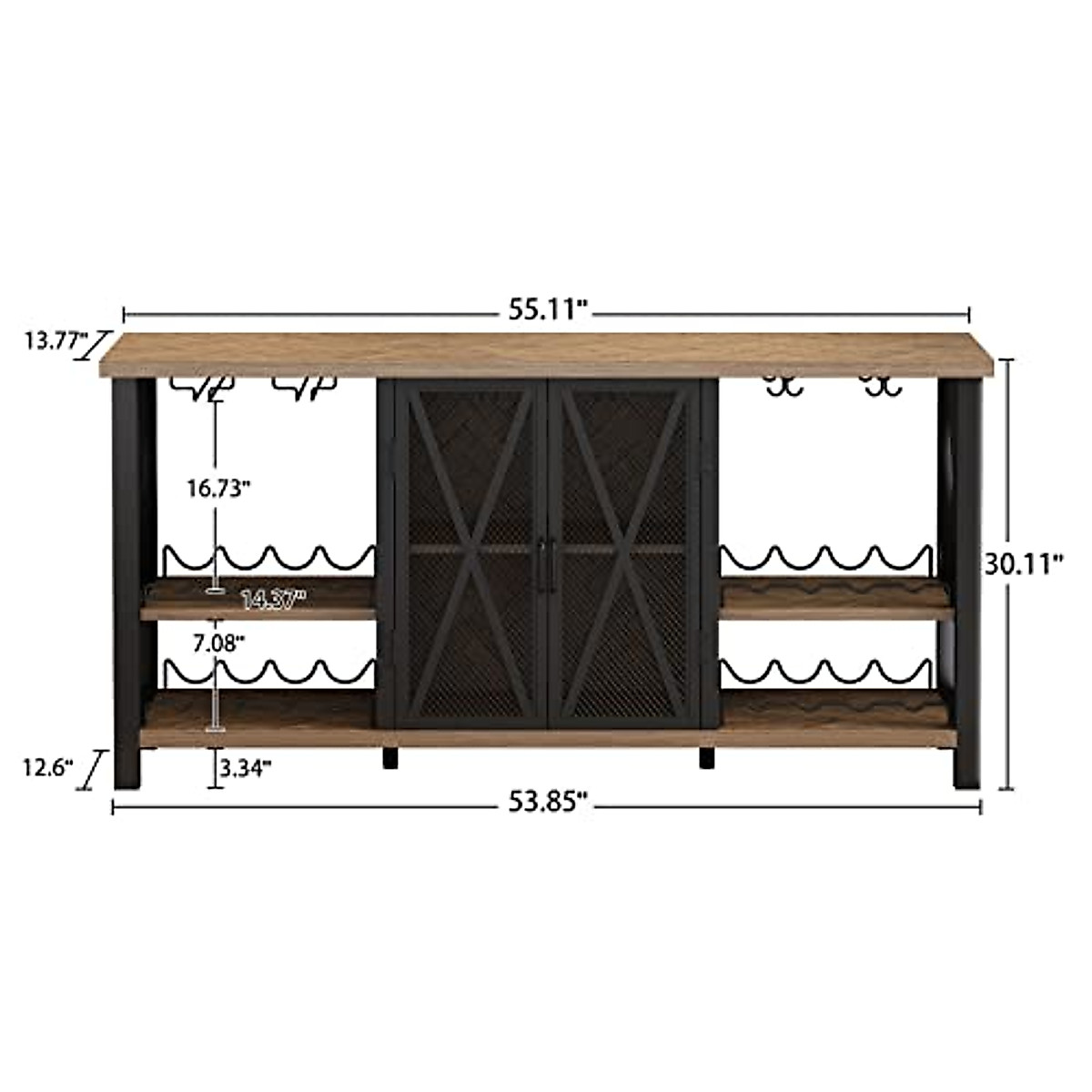 O&K FURNITURE Wine Bar Cabinet for Liquor and Glass with Storage & LED Lights, Rustic Metal Wood Wine Rack Buffet Cabinet, Industrial Coffee Bar Cabinet for Living Room, Home Bar (Brown)