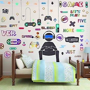 56 Pieces Gamer Wall Decals Gamer Wall Sticker Gaming Controller Joystick Wall Decals Removable Video Games Wall Stickers Game Boy Wall Art for Bedroom Playroom Decoration (Colorful)