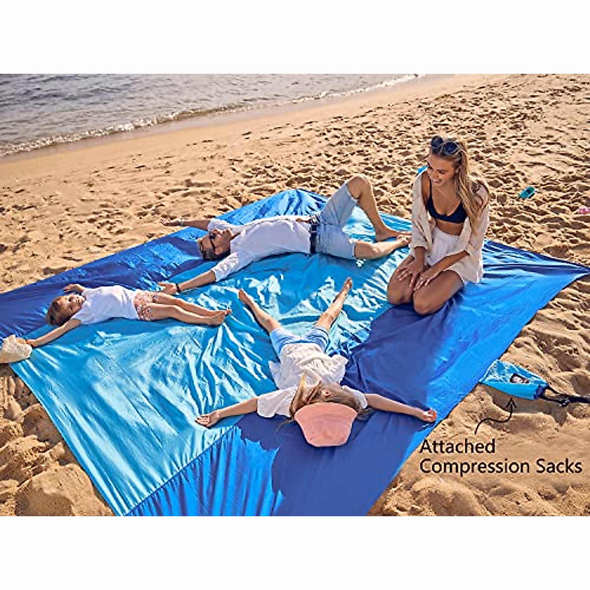 Wekapo Beach Blanket Sandproof, Beach Mat, Big & Compact Sand Free Mat Quick Drying, Lightweight & Durable with 6 Stakes & 4 Corner Pockets, Standard (1~3 person)