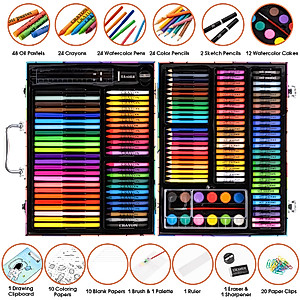 Art Supplies, POPYOLA 180-Piece Deluxe Art Set, Drawing Painting Coloring Kit with Clipboard, Pastels, Crayons, Pencils, Watercolors, Drawing Papers, Arts and Crafts Gift Case for Kids Girls Boys