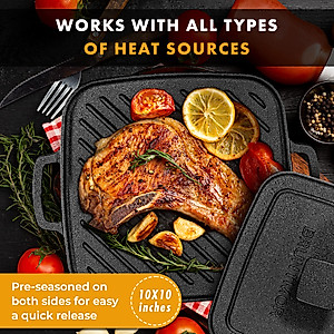 Bruntmor 2-in-1 Pre-Seasoned Cast Iron Reversible Griddle Grill Pan with Heavy Grill Press - 10 x 10 Inches Square Pan for Stove Top and Oven Cooking - Durable Grip Handle for Easy Use - Black