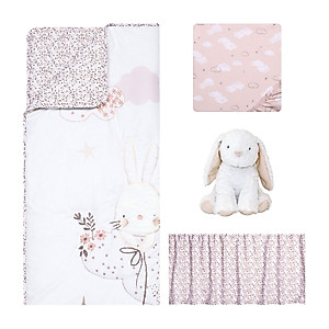 Sammy & Lou Cottontail Cloud 4-Piece Baby Nursery Crib Bedding Set for Girls, Includes Quilt, Fitted Crib Sheet, Crib Skirt, and Plush Toy