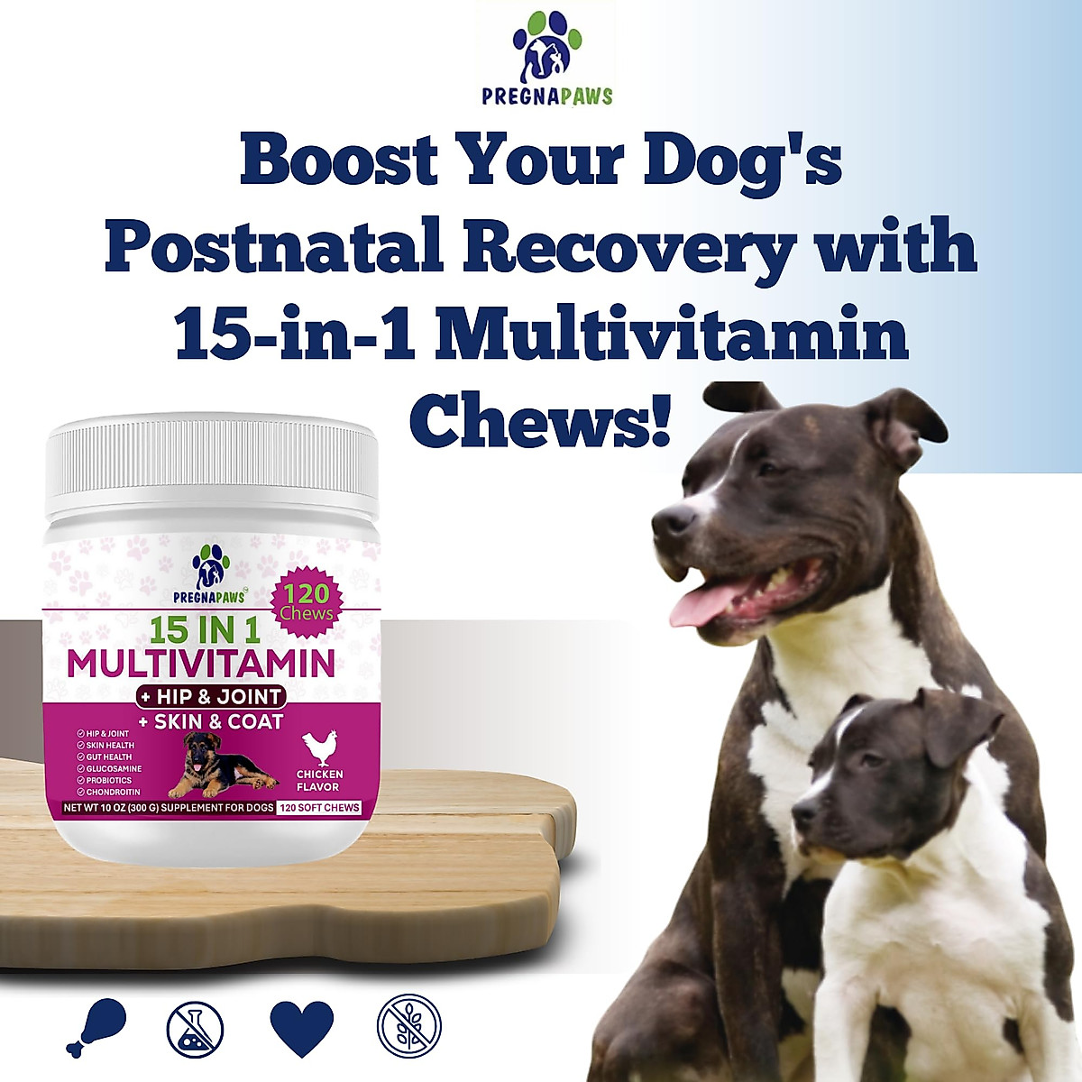 Dog Multivitamin with Vitamin C and E for Skin & Coat + Immune Health - 120ct - Glucosamine Chondroitin for Hip and Joint Support - Probiotics for Healthy Gut Flora - Postnatal Support